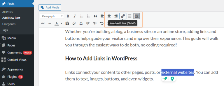 How to Add Links and Buttons in WordPress
